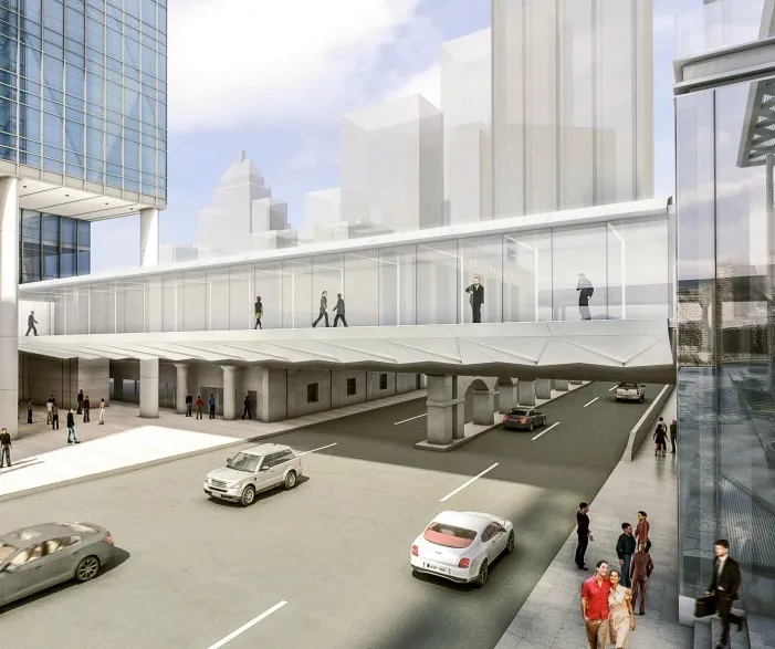 Glass bridge connecting customers to new bus terminal installed